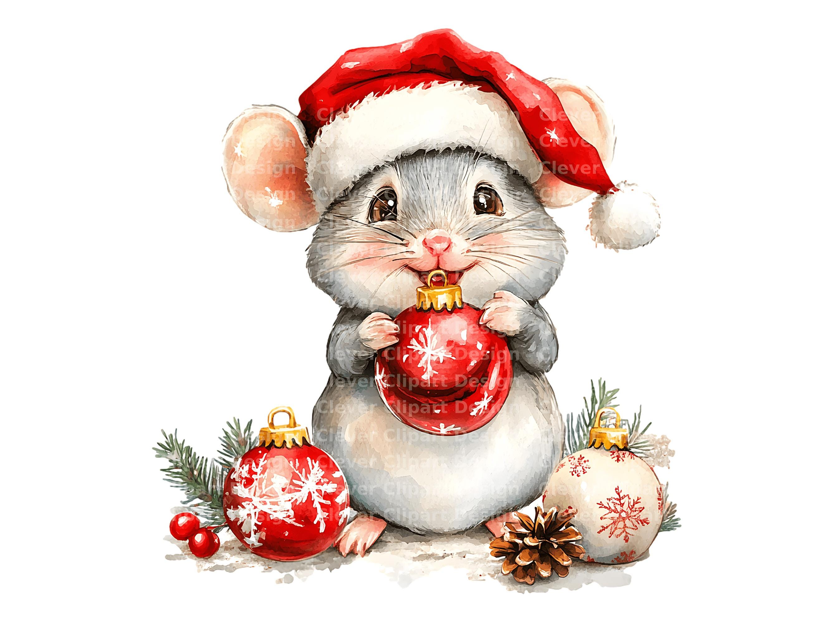 10 Christmas Mouse Clipart, Christmas Card, Mouse in Santa Hat, Mouse ...
