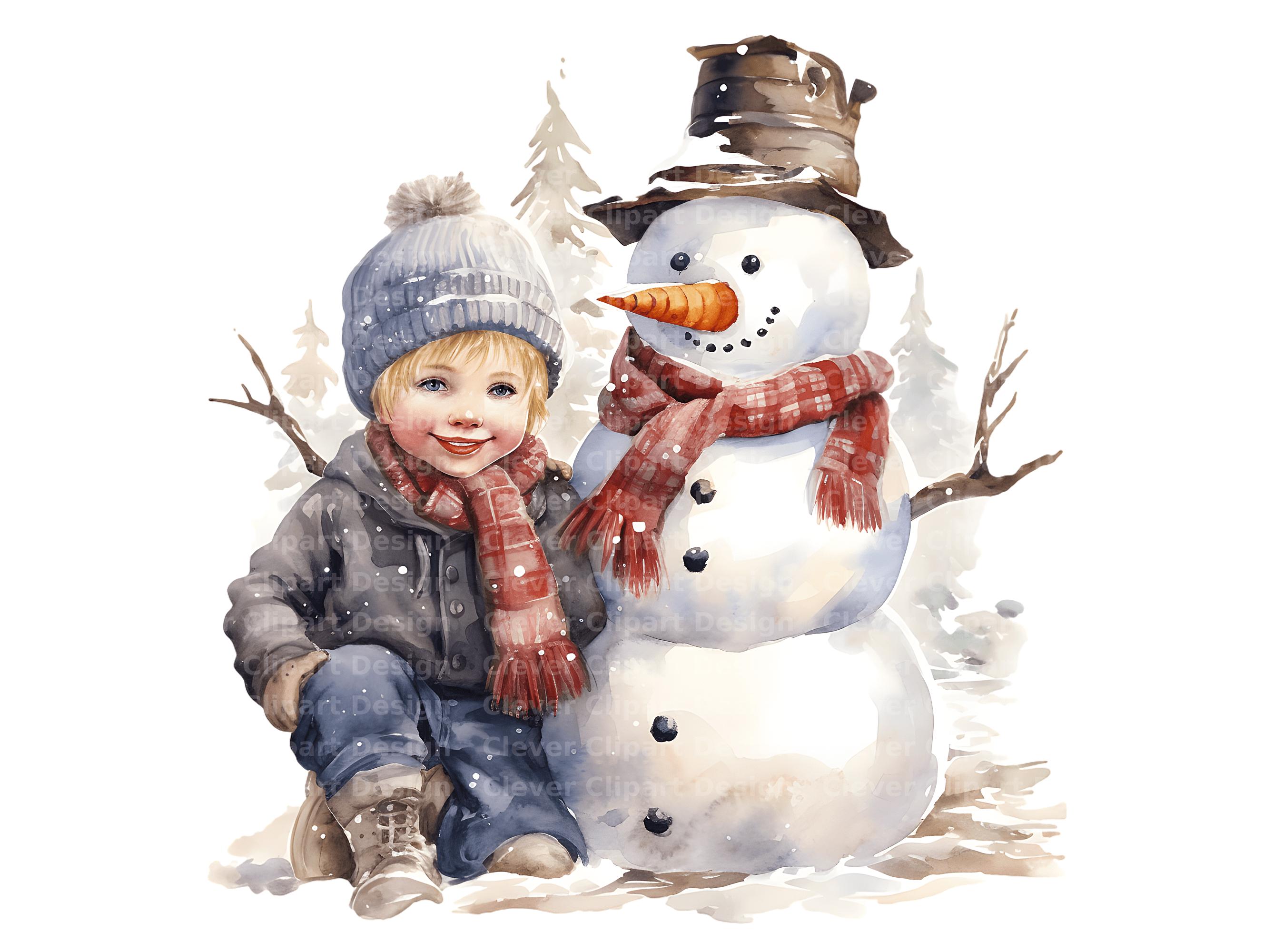 10 Kid and Snowman Clipart, Child Building Snowman, Winter Kids Clipart ...