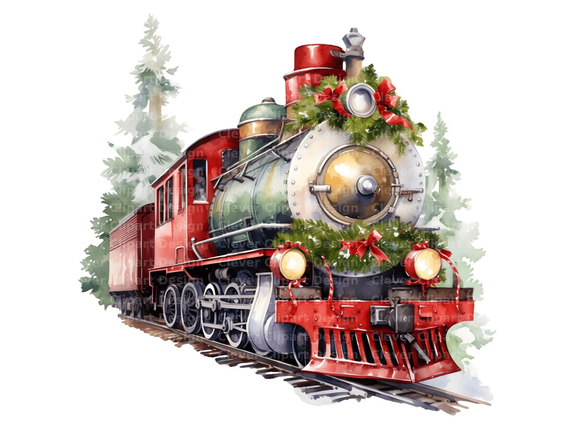 10 Winter Train Clipart, Christmas Train PNG, Festive Steam Train ...