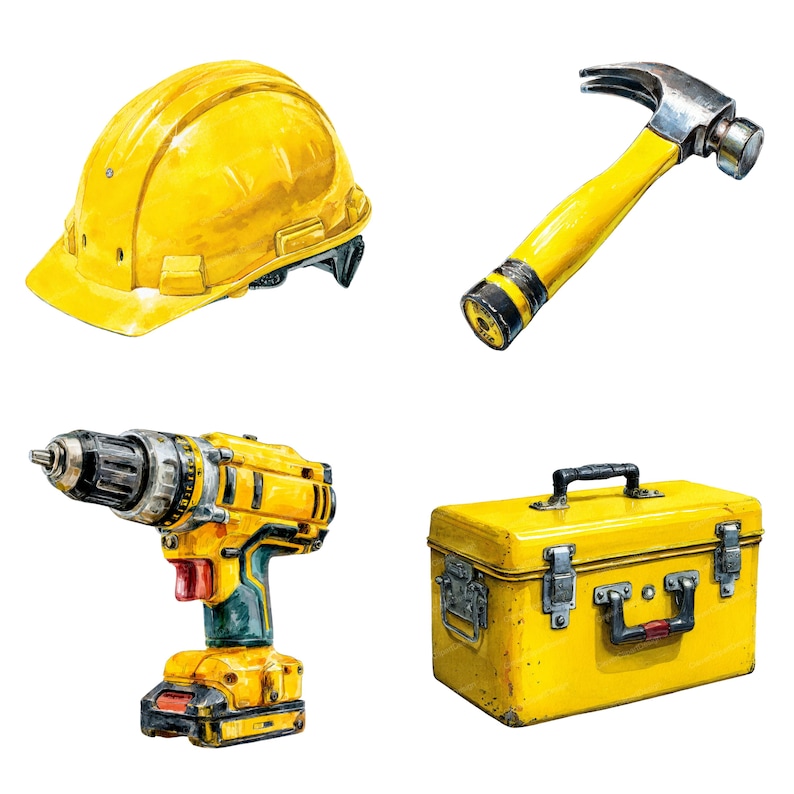 14 Construction Tools Clipart - Watercolor Black & Yellow Tools Set ...