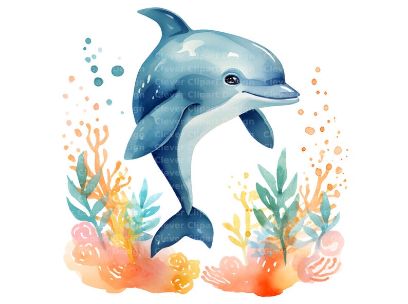 10 Dolphin Clipart - Watercolor Nursery Dolphins, Ocean Animals PNG ...