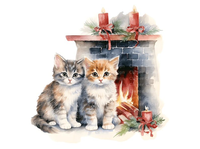 10 Christmas Cat Clipart - Watercolor Kittens Family PNG Bundle - Etsy