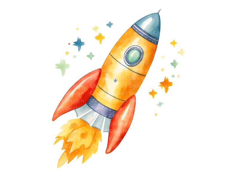 10 Space Rocket Clipart, Cartoon Rocketship, Printable Watercolor ...