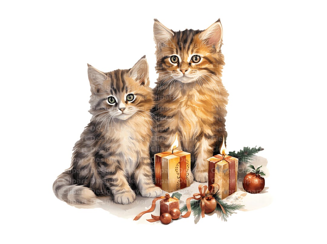 10 Christmas Cat Clipart - Watercolor Kittens Family PNG Bundle - Etsy