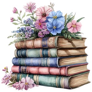 10 Vintage Books With Flowers Clipart - Watercolor Floral Books Stack ...