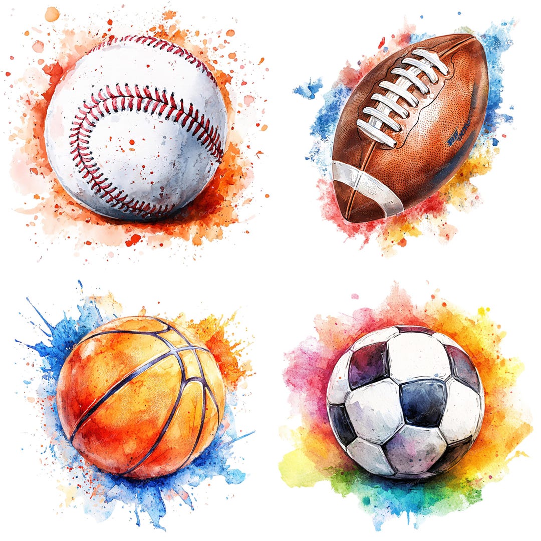 10 Sports Balls Clipart - Watercolor Baseball, Football, Basketball ...
