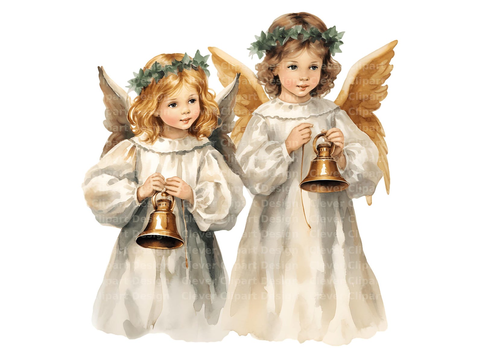 10 Christmas Angels Clipart, Angels With Bells, Christmas Card Art ...