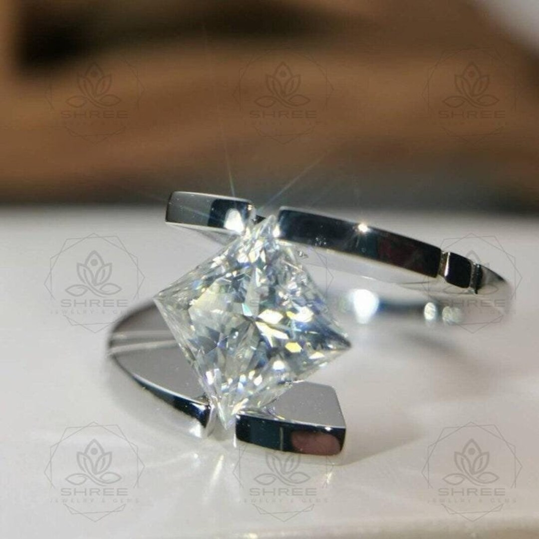 Tension Set Princess Cut Diamond Ring, 2 CT Moissanite Engagement Ring ...