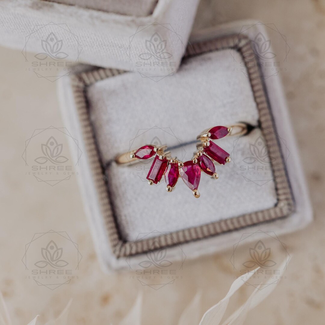 14KT Ruby Wedding Band, Flora Ruby Tracer Band, Crown Band, Multi ...