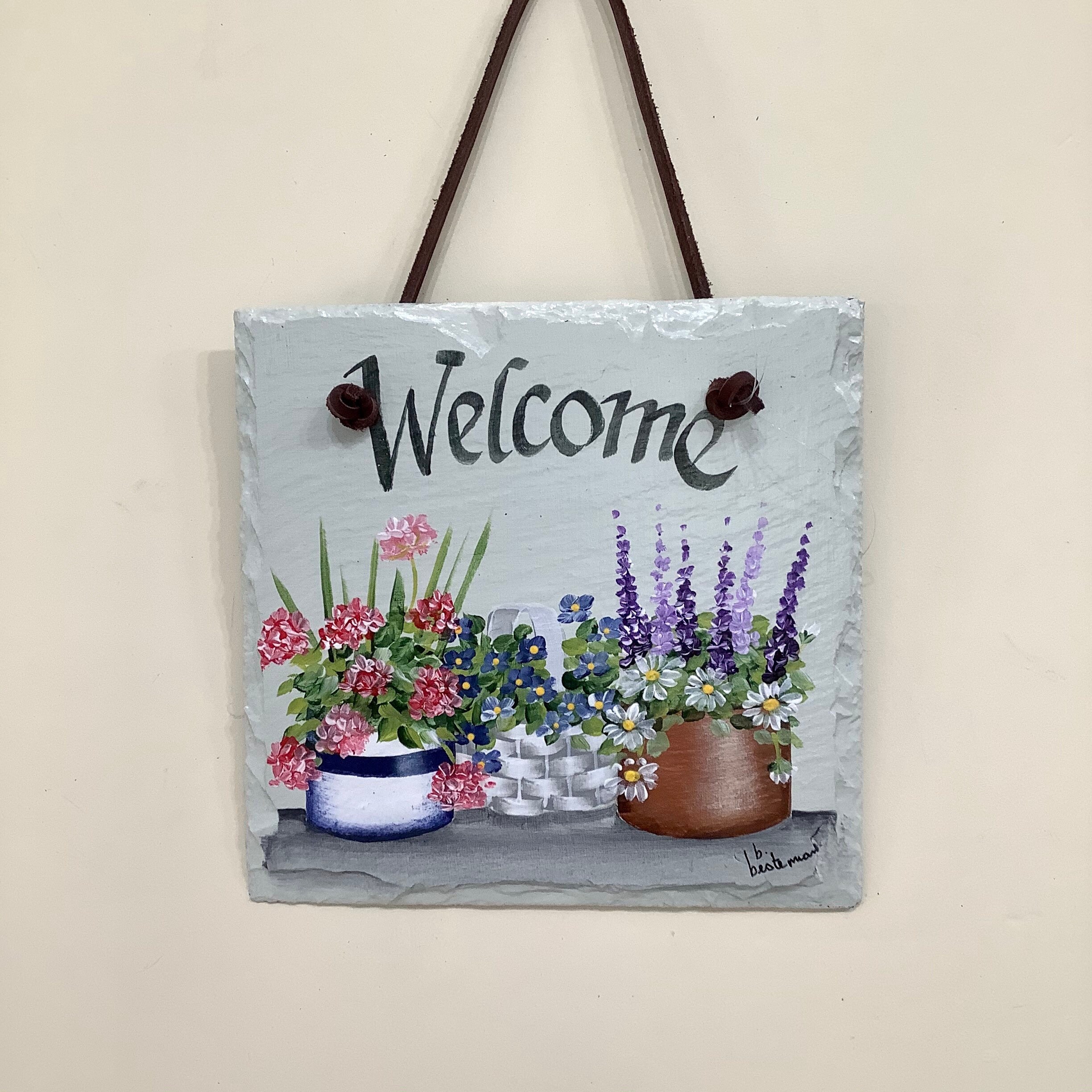 Slate welcome sign pots of flowers wall hanging | Etsy
