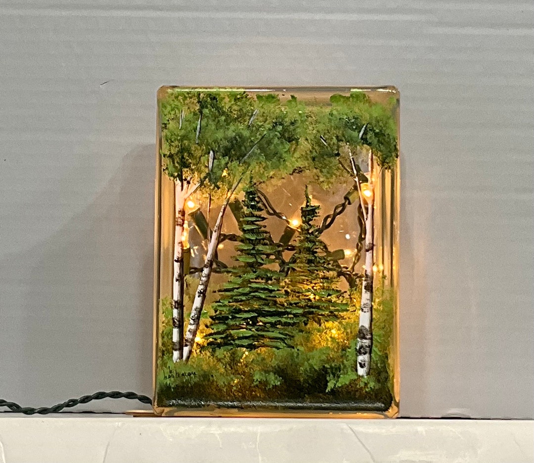 Glass Block Light Lamp-birch and Fur Tree Forrest - Etsy
