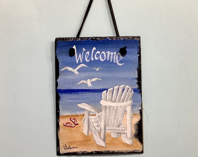 Slate Welcome Sign Wall Hanging Hand Painted Beach Scene With - Etsy