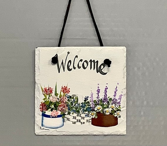 Slate Welcome Sign Pots of Flowers Wall Hanging - Etsy