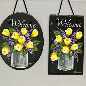 Sign-slate Welcome-lilacs - Welcome Lilac With Yellow Tulips - Etsy