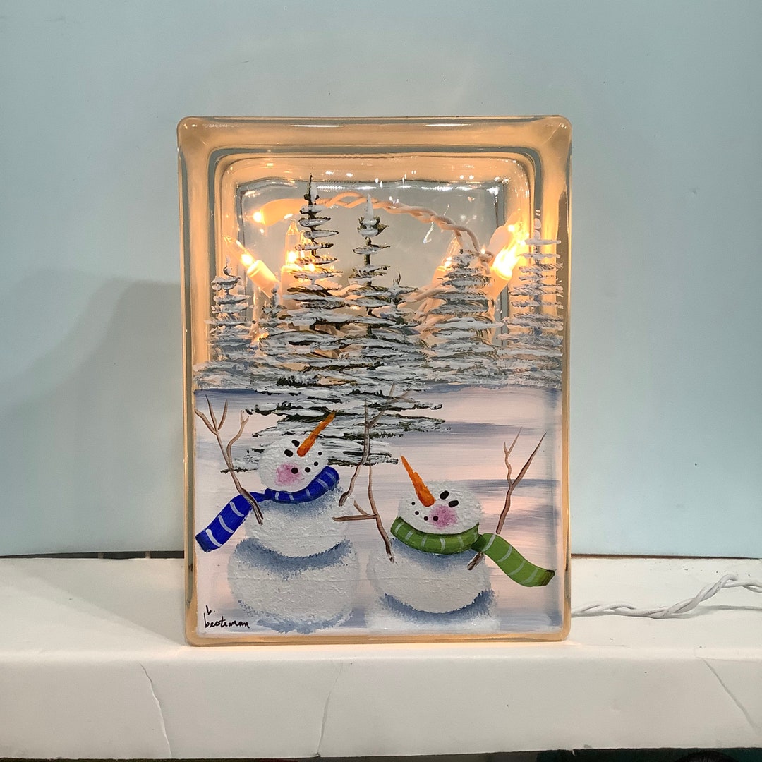 Glass Block-winter Trees With Snowmen - Etsy