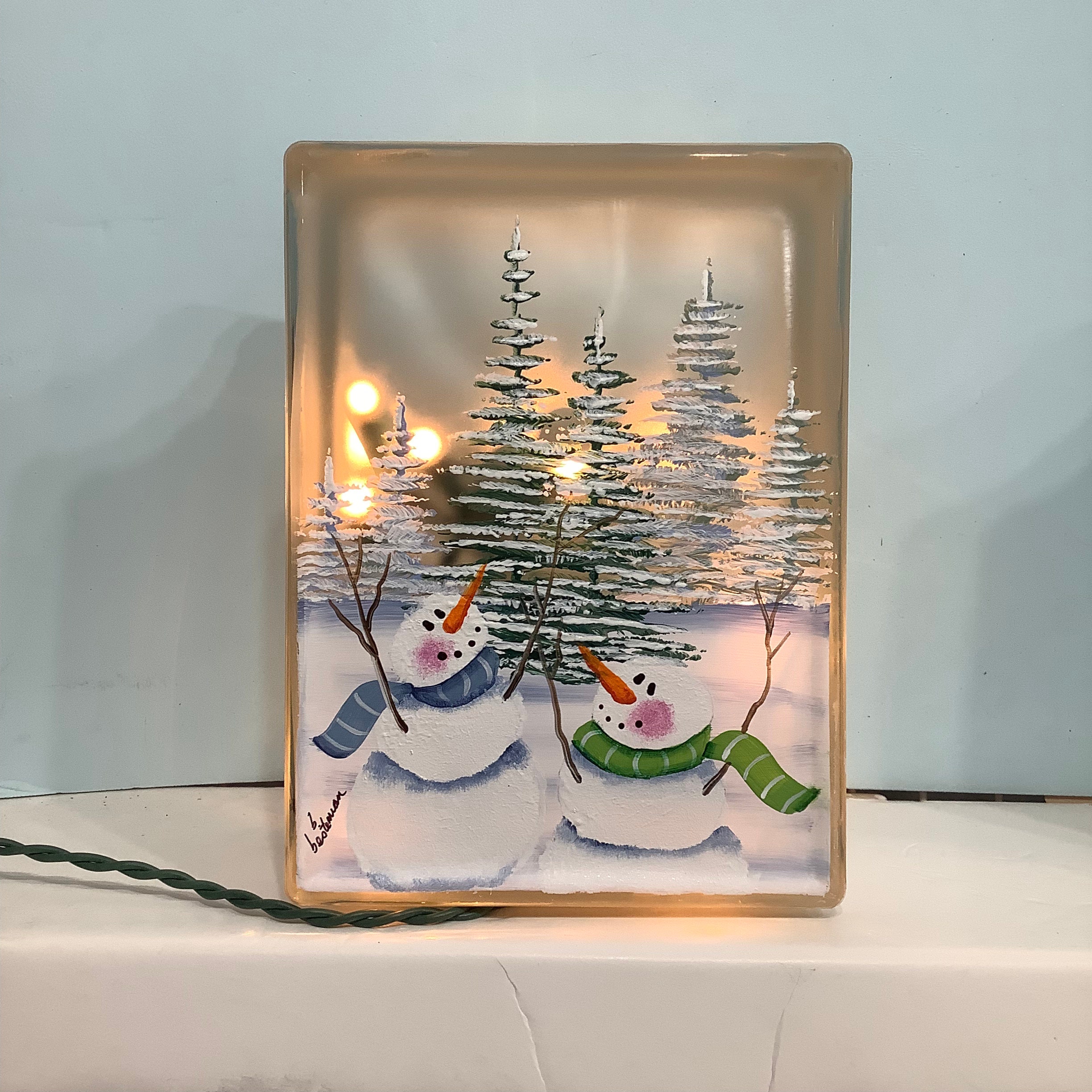 Glass Block-winter Trees With Snowmen - Etsy