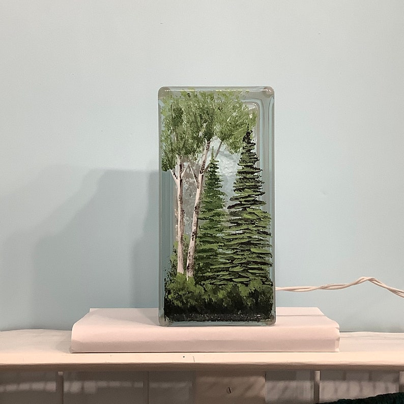 Glass Block Light Lamp-birch and Fur Tree Forrest - Etsy