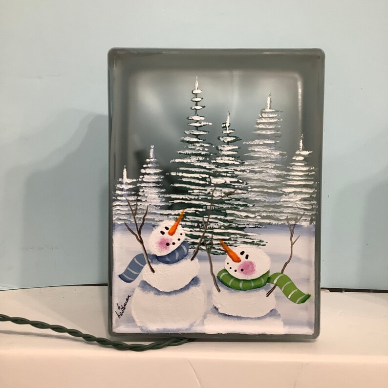 Glass Block-winter Trees With Snowmen - Etsy