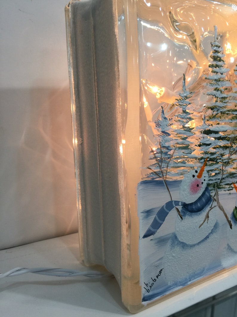 Glass Block-winter Trees With Snowmen - Etsy