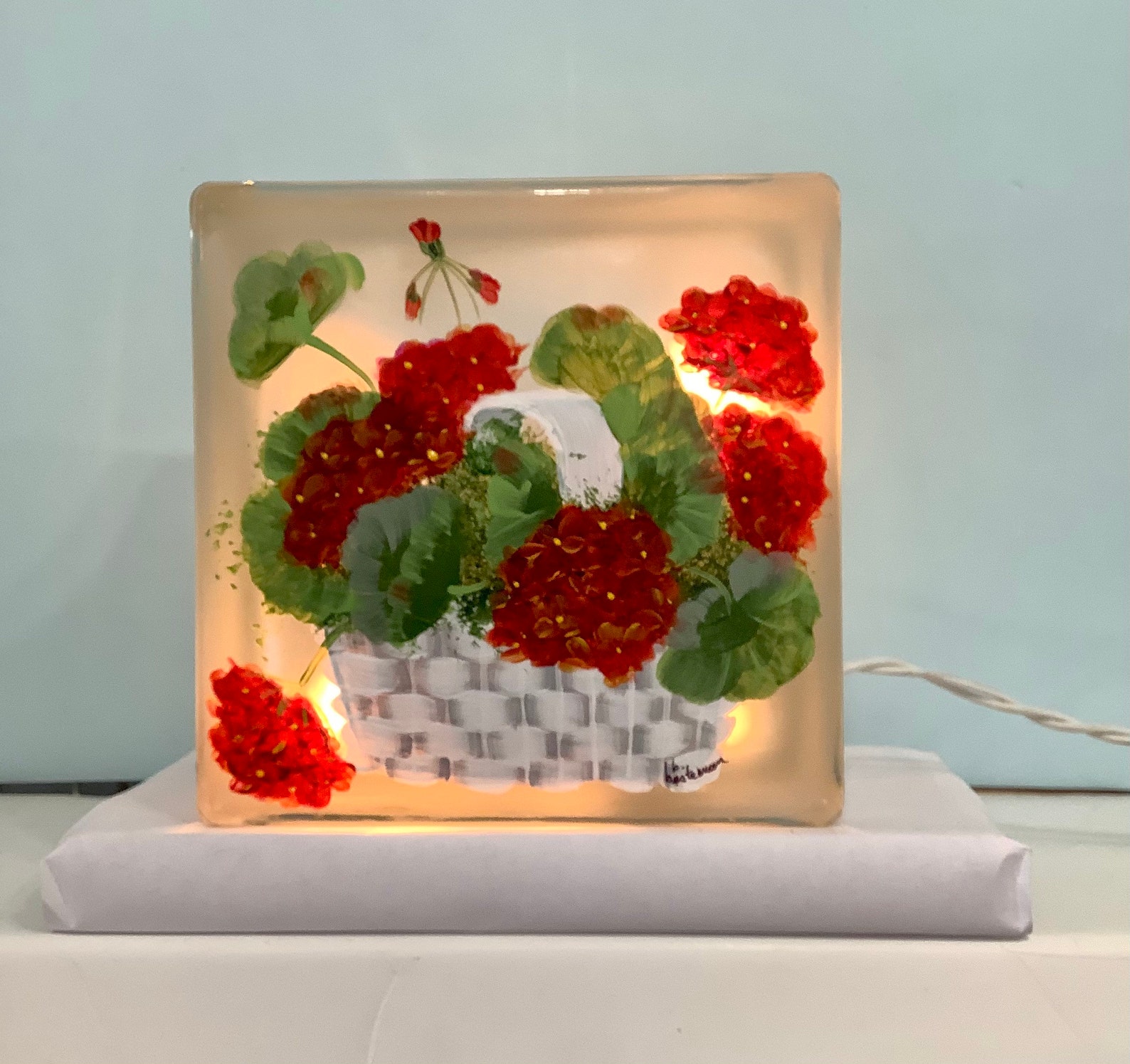 Night Light Glass Block Basket Red Geraniums | Etsy