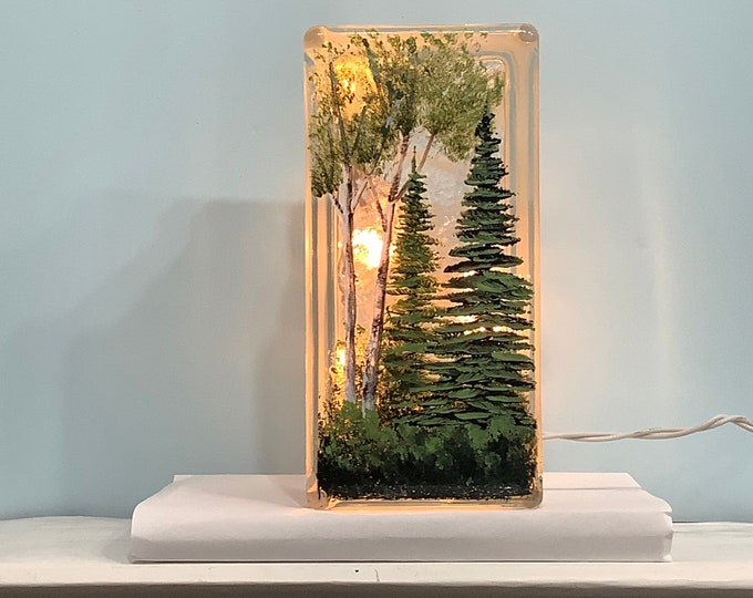 Glass Block Light Lamp-birch and Fur Tree Forrest - Etsy