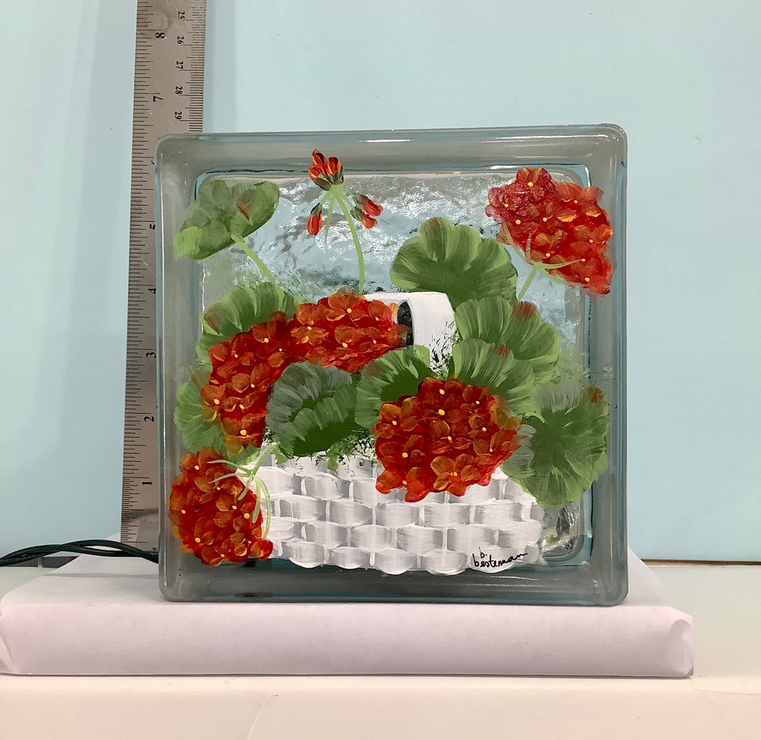 Night Light Glass Block Basket Red Geraniums - Etsy