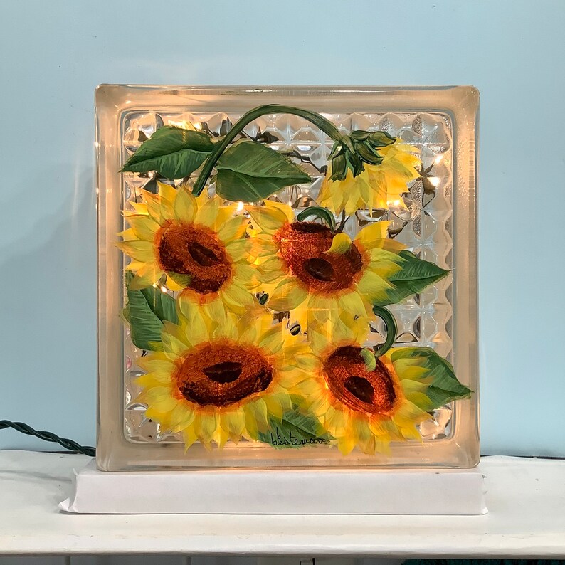 Glass block light night light Sunflowers | Etsy