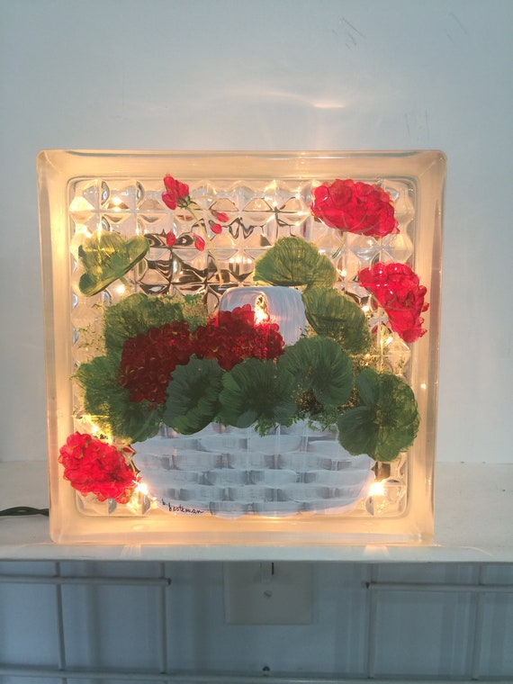 Night light glass block basket red geraniums | Etsy