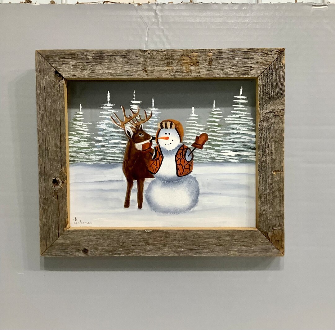 Framed Glass Painting Snowman Hunter With Deer - Etsy