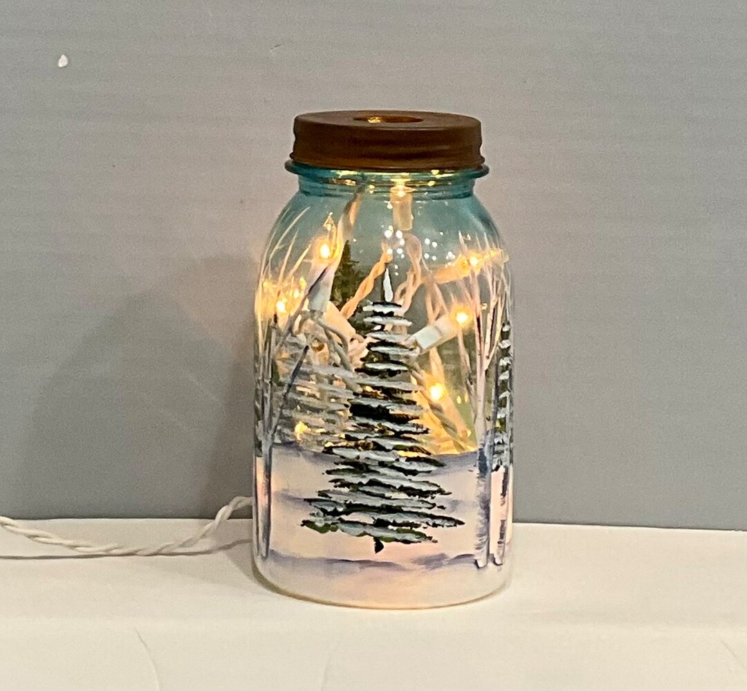 Mason Jar Light Winter Trees Blue Jar Has Evening Effect - Etsy