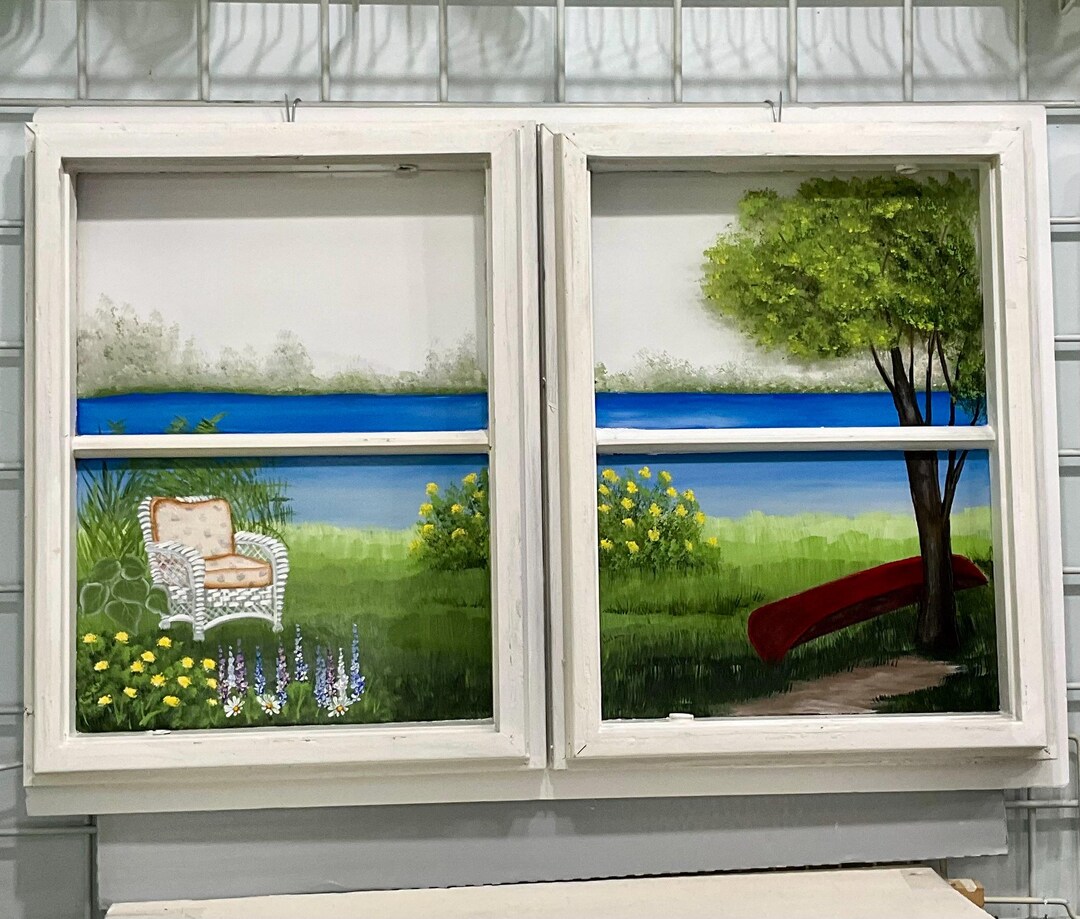 By the Lake Vintage Window Painting - Etsy