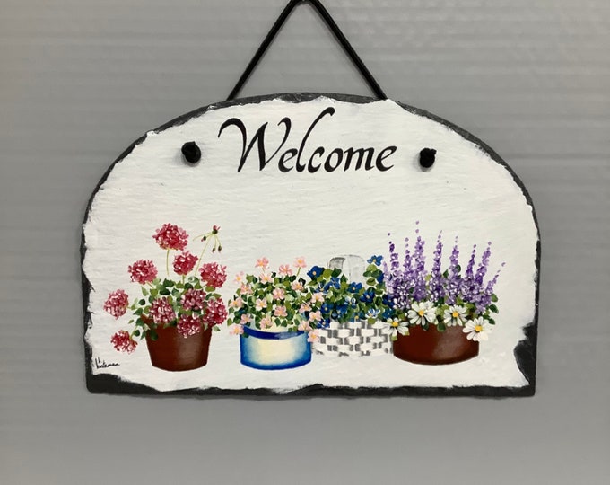 Slate Welcome Sign Tombstone Pots of Flowers - Etsy