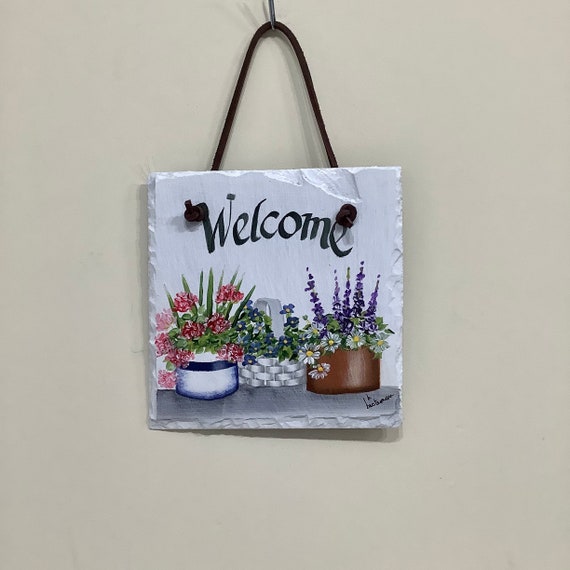 Slate welcome sign pots of flowers wall hanging | Etsy