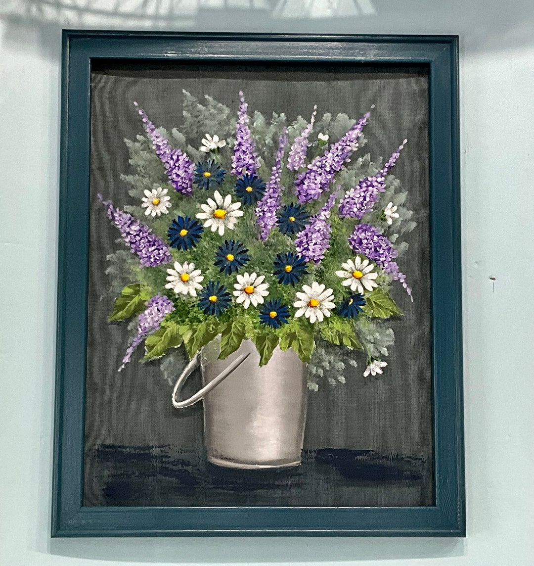 Bucket Lilacs and Daisies. Window Screen Art Wall Hanging Home Decor ...