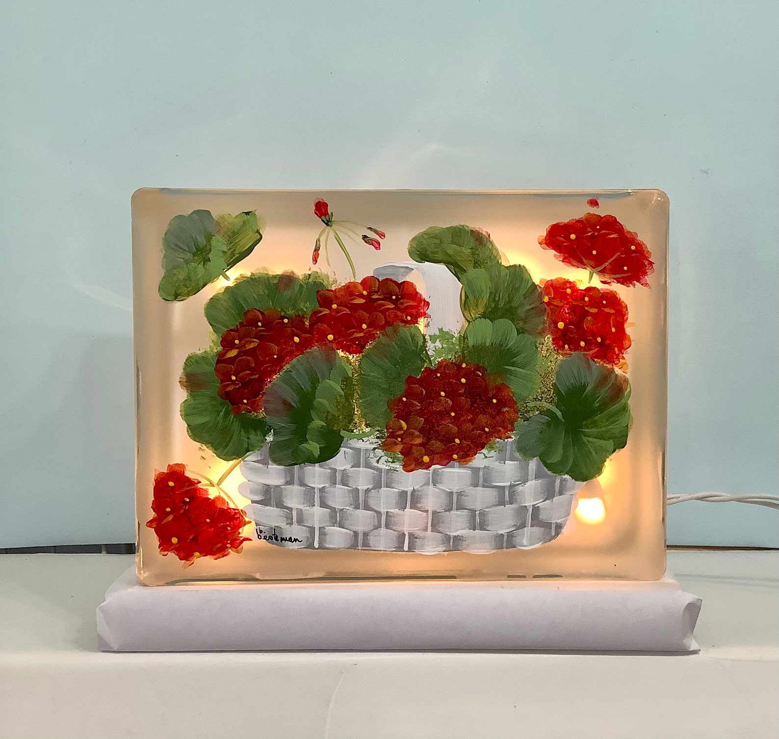 Night Light Glass Block Basket Red Geraniums | Etsy