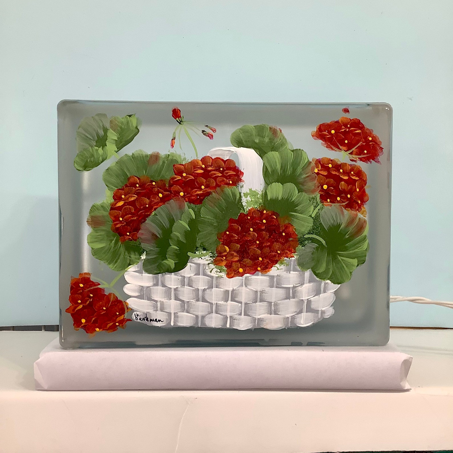 Night Light Glass Block Basket Red Geraniums | Etsy