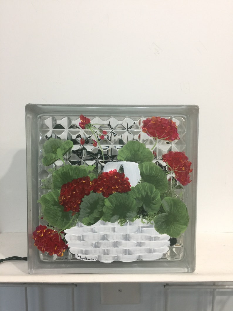 Night light glass block basket red geraniums | Etsy