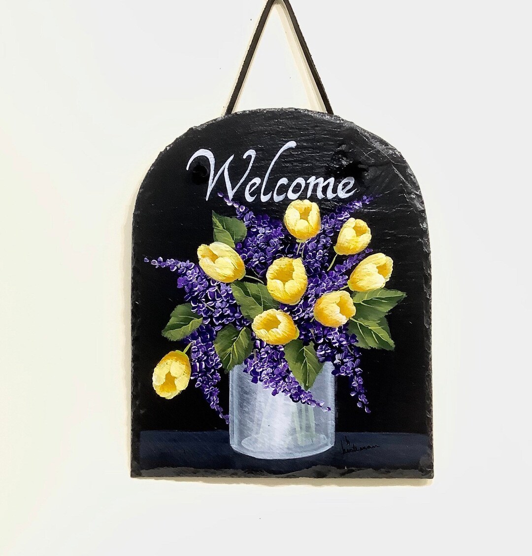 Sign-slate Welcome-lilacs Welcome Lilac With Yellow Tulips - Etsy