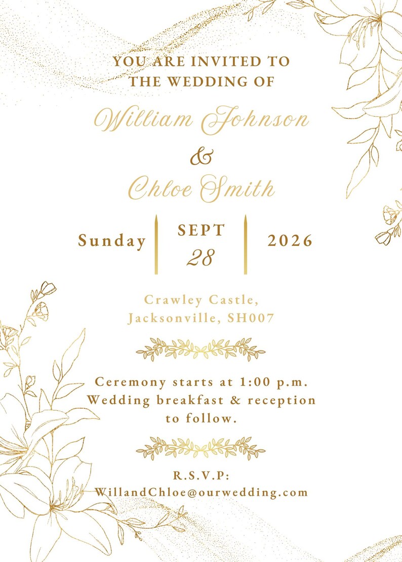 Gold Floral Wedding Invitation, Wedding Invite, Instant Download, Gold ...