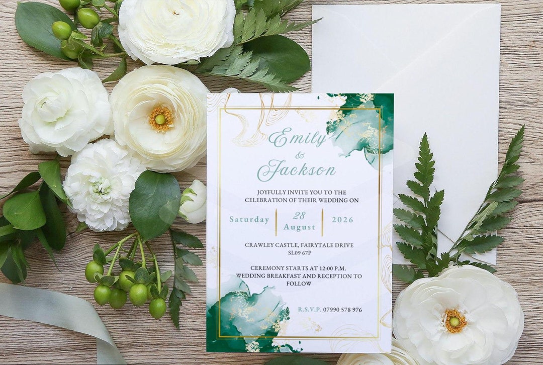 Marble Wedding Invitation, Instant Download, Green and Gold Marble ...