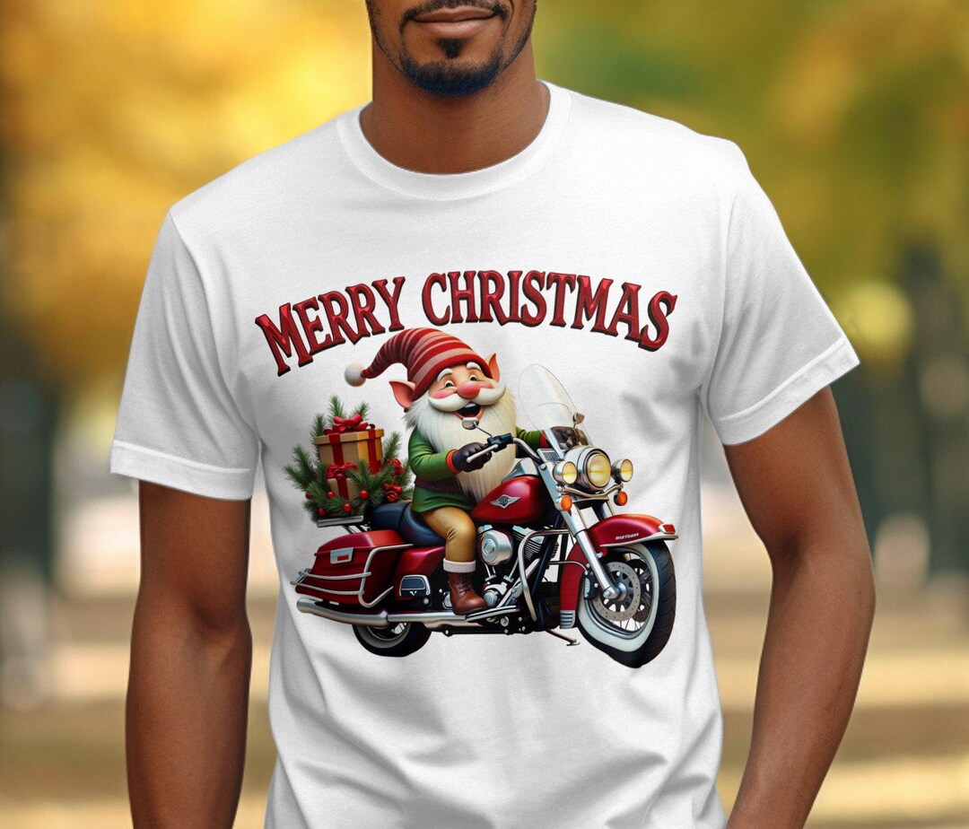 Merry Christmas Elf on Motorcycle T-shirt, Holiday Elf Biker Christmas ...