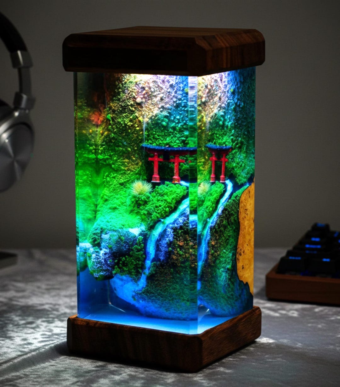 Japanese Torii Resin Lamp, Handmade Waterfall Landscape LED Light, Zen ...