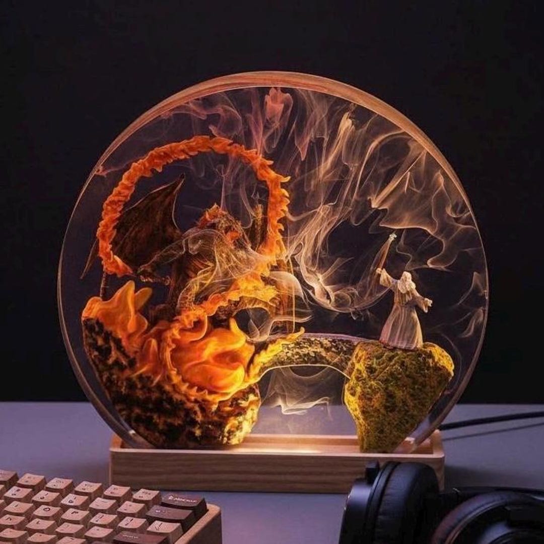 Fantasy Dragon Battle Resin Lamp,handmade Epoxy Art Night Light,wizard ...