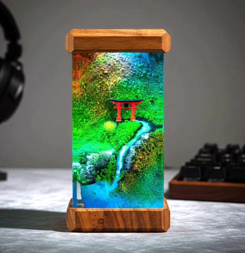 Japanese Torii Resin Lamp, Handmade Waterfall Landscape LED Light, Zen ...