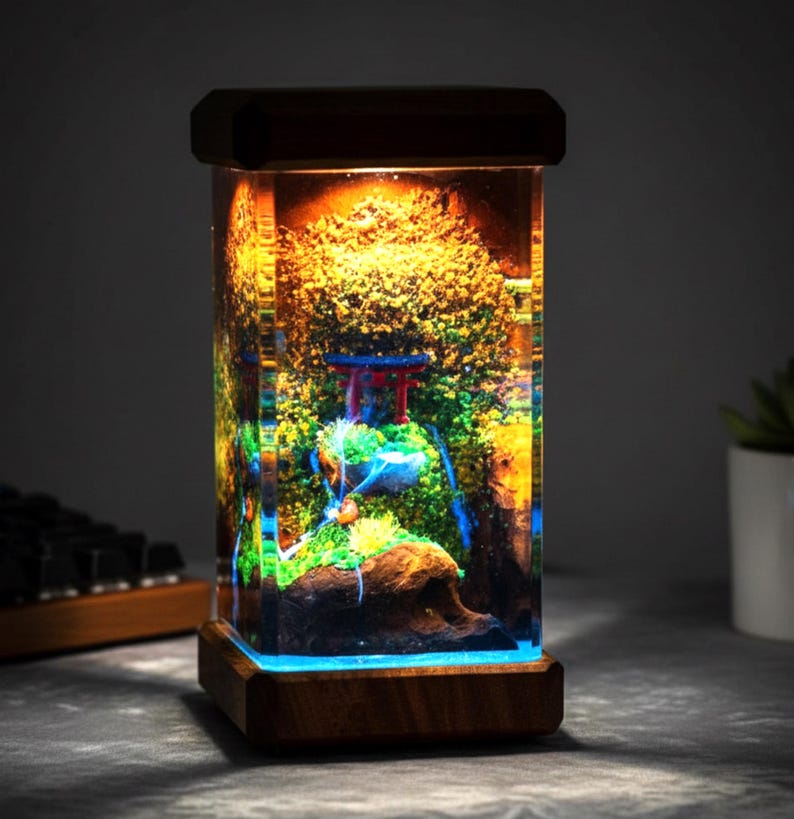 Japanese Torii Resin Lamp, Handmade Waterfall Landscape LED Light, Zen ...