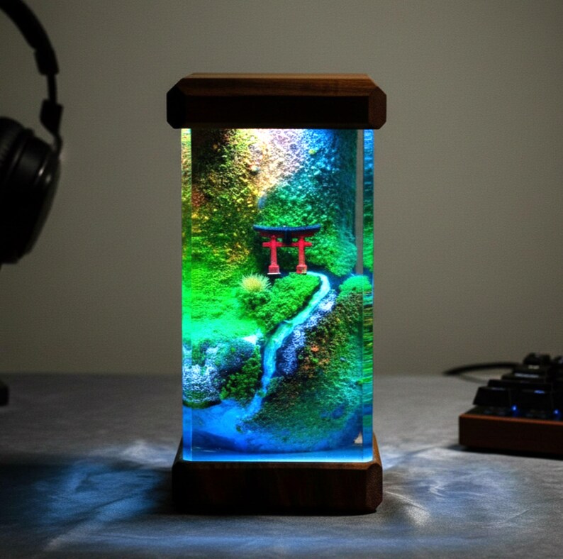 Japanese Torii Resin Lamp, Handmade Waterfall Landscape LED Light, Zen ...
