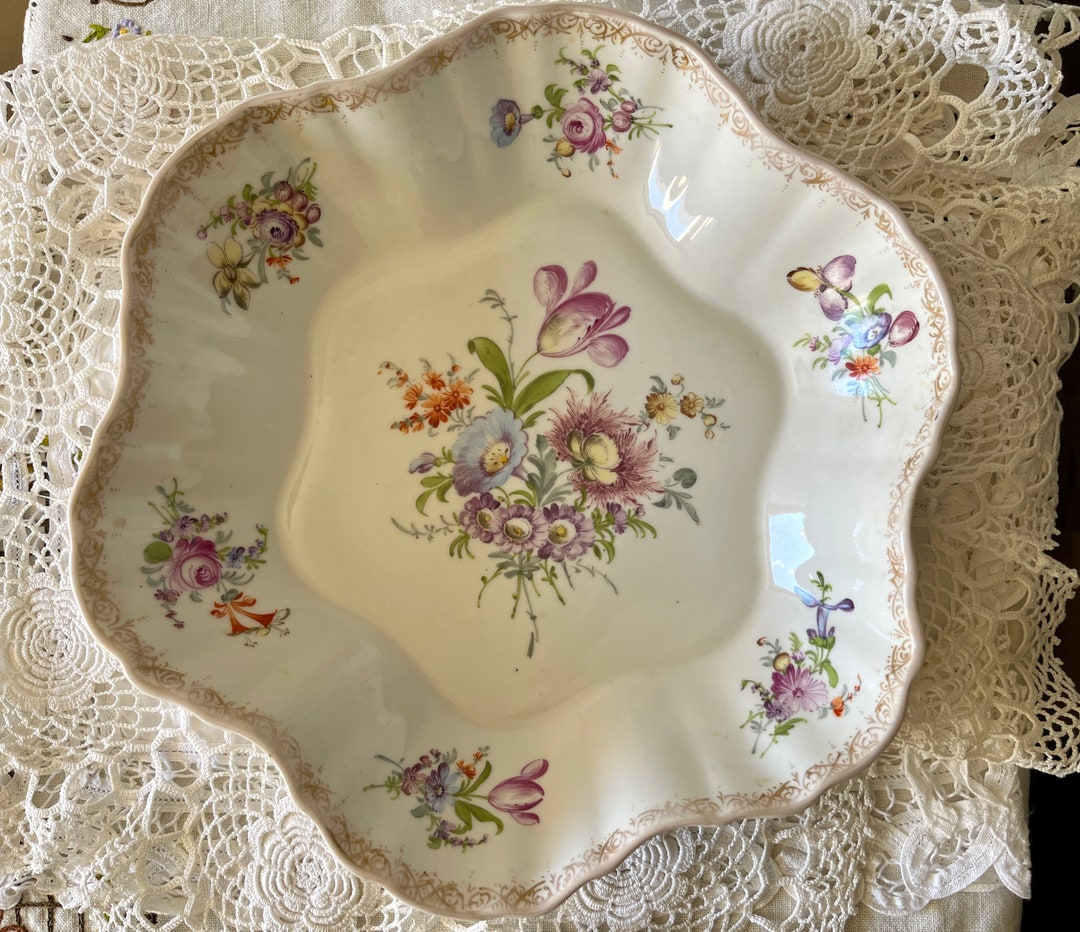 Antique Dresden Blue Crown D Stamp Floral Painted Serving Large Bowl - Etsy