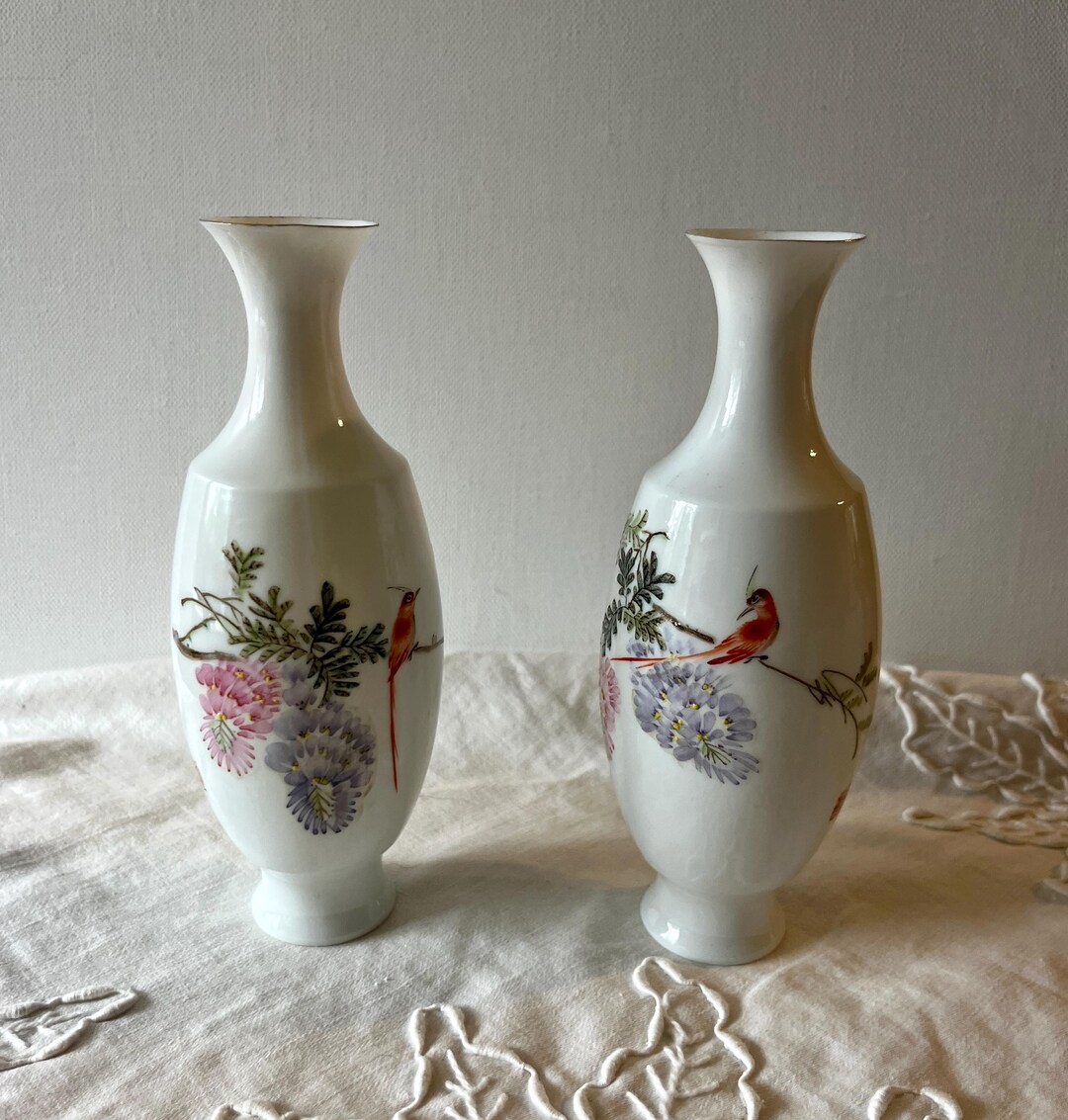 Vintage Asian Pair Hand Painted Signed Small Porcelain Poem Vases W/bird of Paradise - Etsy