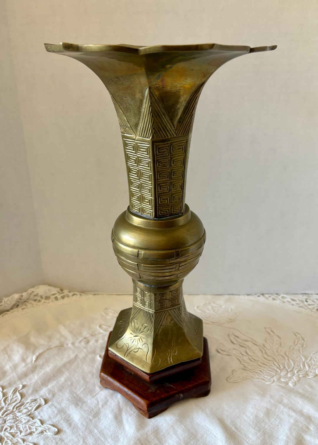 Vintage Large Asian Brass Etched Lotus Vase W/wood Base - Etsy