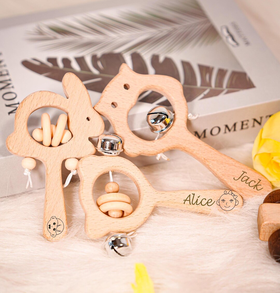 Custom Wooden Baby Rattle,baby Rattle With Name Engraved,baby Sensory ...